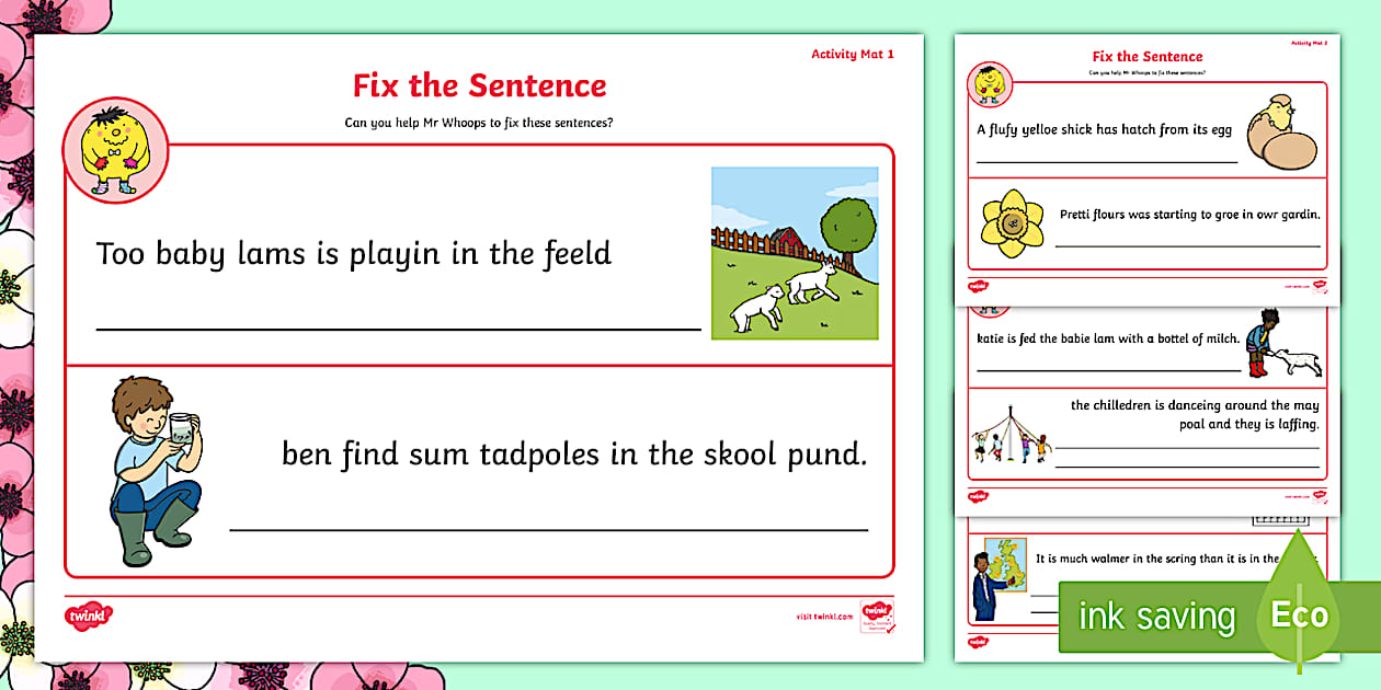 Spring Fix the Sentence Activity Mat Pack (teacher made)