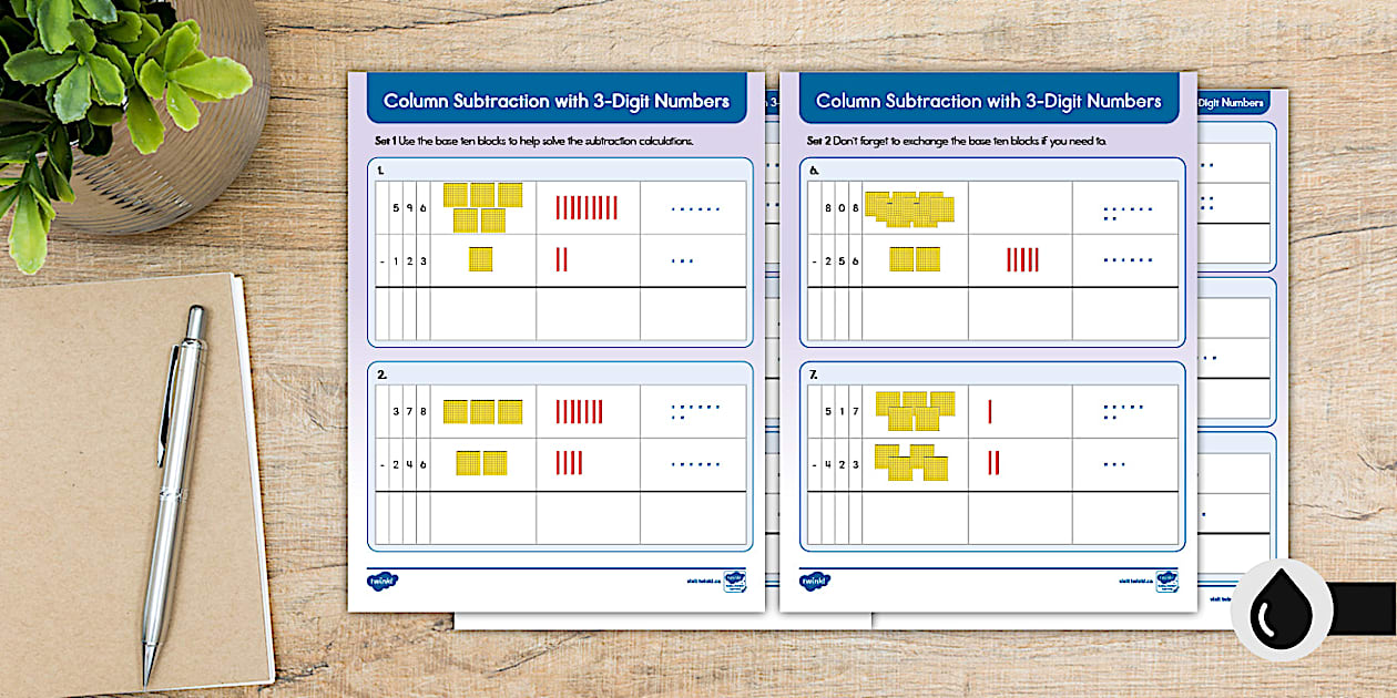 Three Digit Column Subtraction with Base Ten Blocks Activity