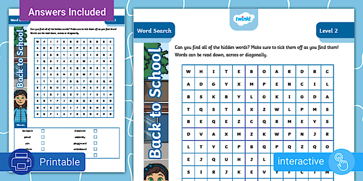 Back to School Word Search - Level 2 - Twinkl - Kids Puzzles