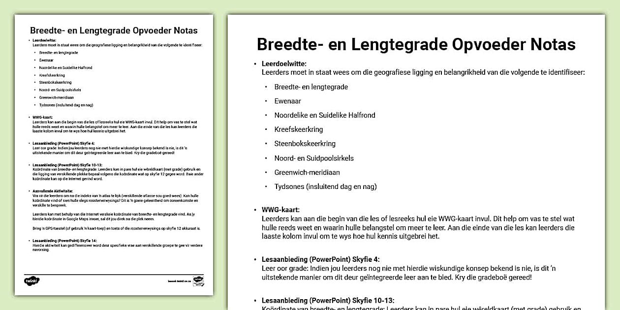 Breedte- en Lengtegrade Opvoeder Notas (Teacher-Made)