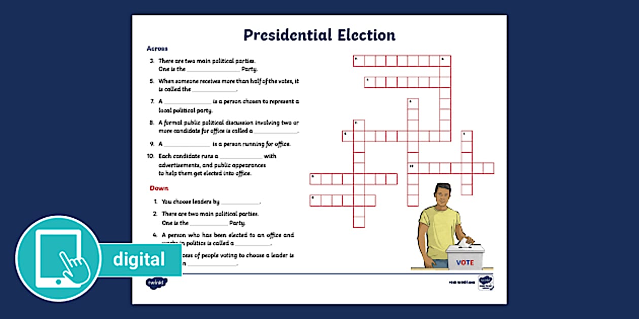 Black and White Presidential Election Crossword for 3rd-5th Grade