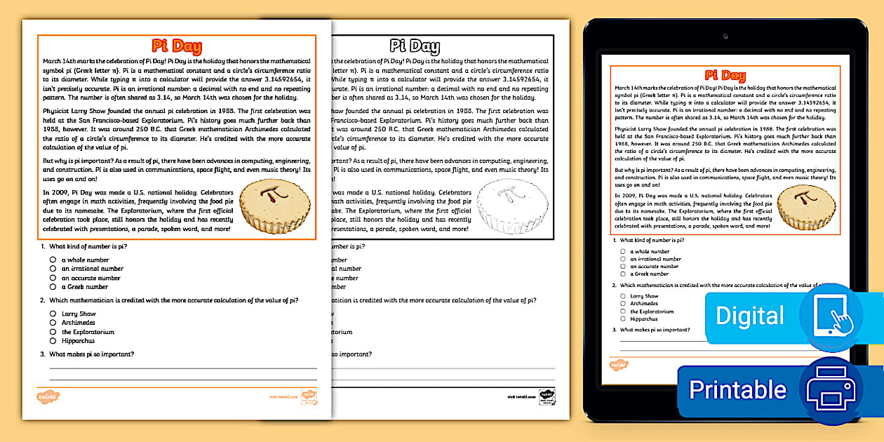 Fifth Grade Pi Day Reading Passage Comprehension Worksheet