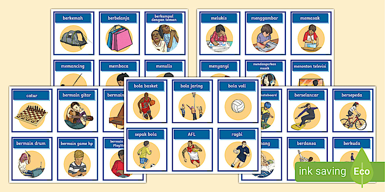 Sports and Hobbies Flash Cards Indonesian - Twinkl