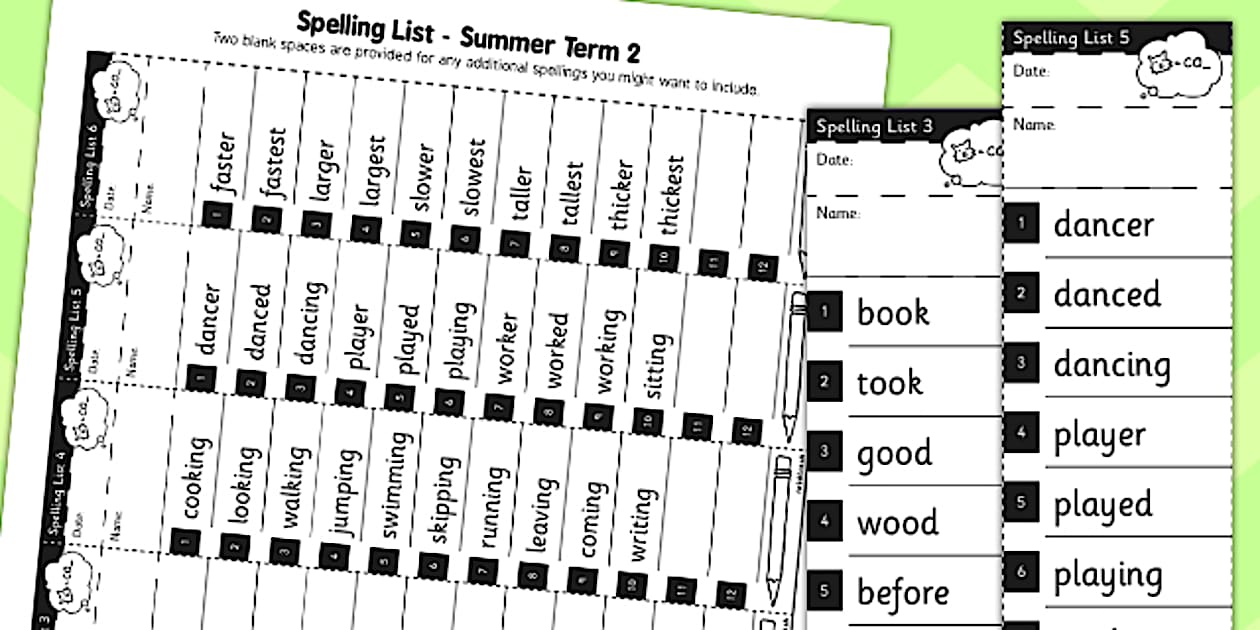 Editable Home Educators Spelling Lists Year 1 Summer 2