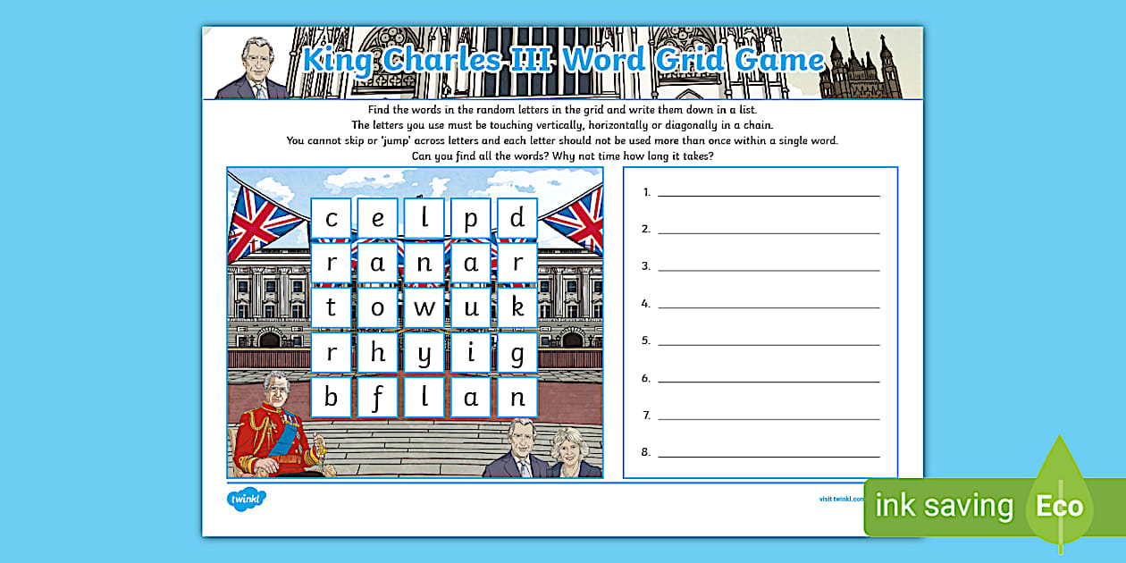 King Charles III Word Grid Game (teacher made) - Twinkl