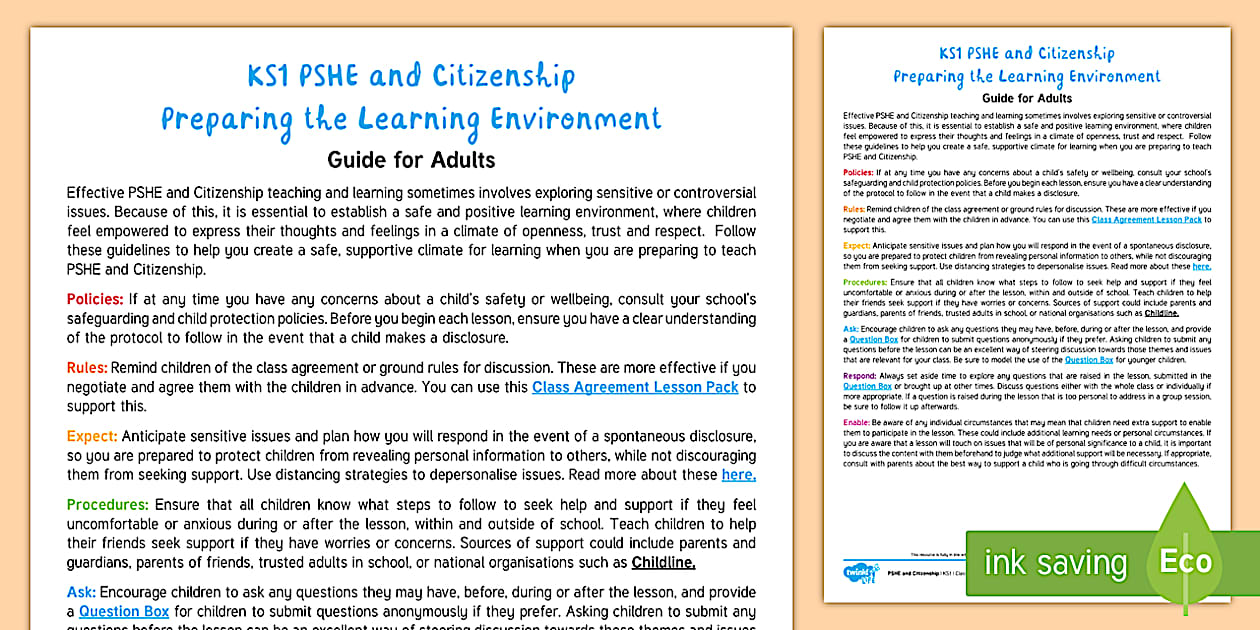 PSHE and Citizenship KS1 Learning Environment Adult Guidance