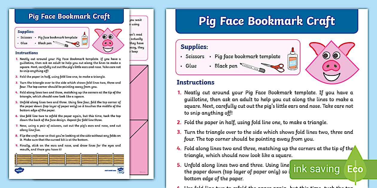 Pig Face Bookmark Craft (teacher made) - Twinkl