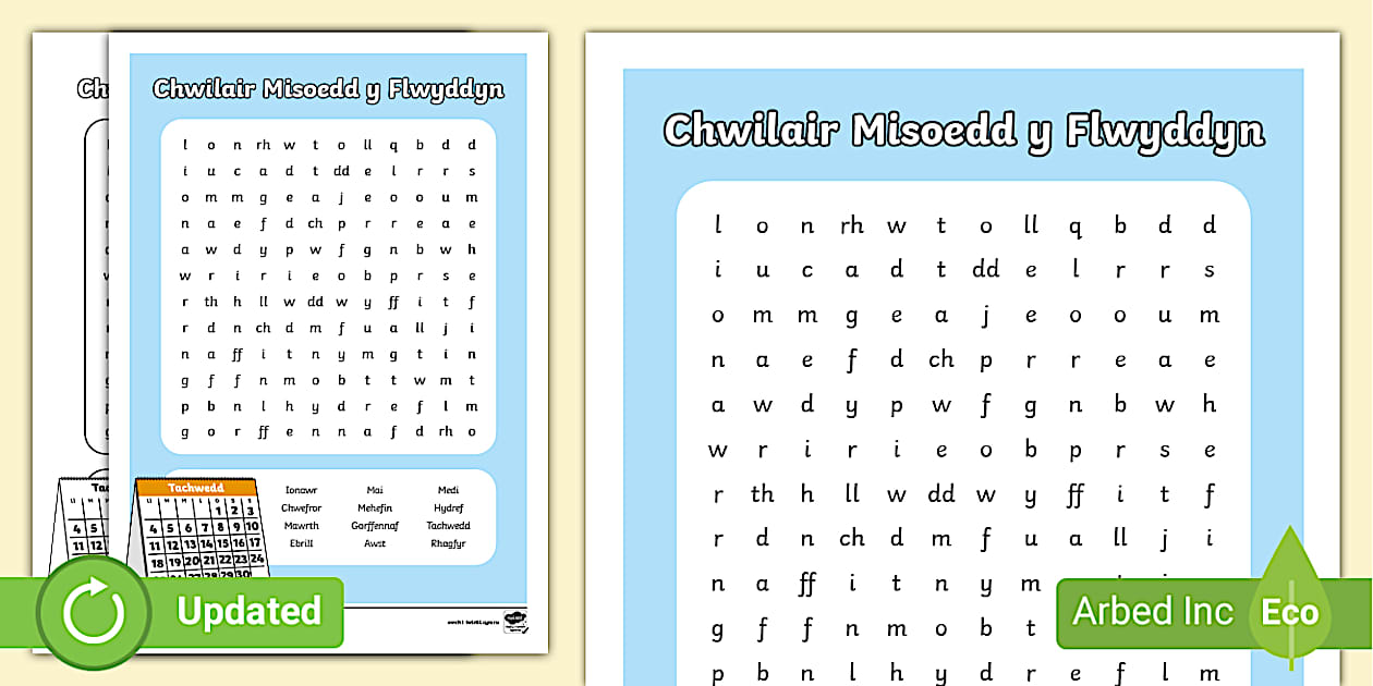 Black and White Months of the Year Welsh Language Word Search