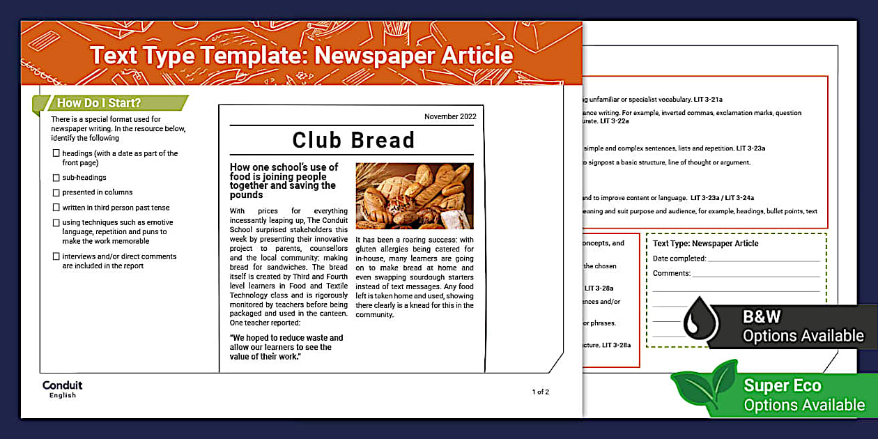 Text Type Template: Newspaper Article (teacher made)