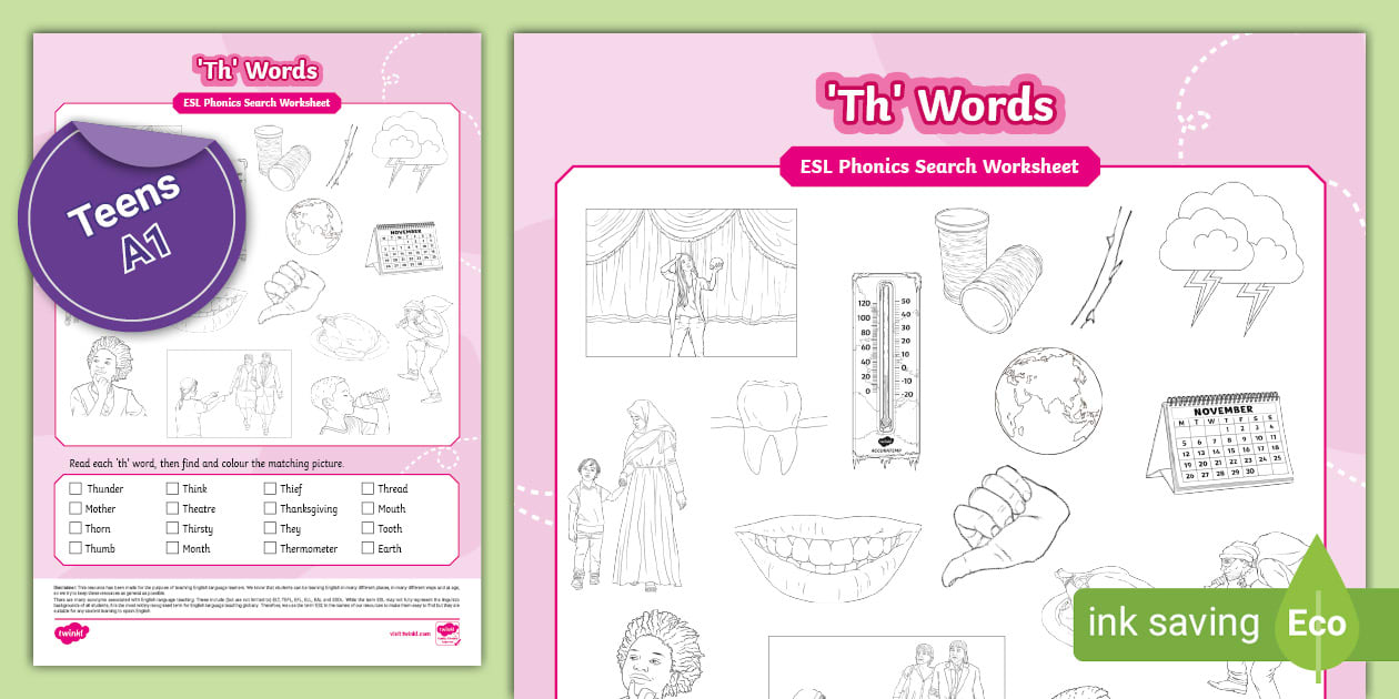 ESL 'Th' Words Phonics Search Worksheet (teacher made)