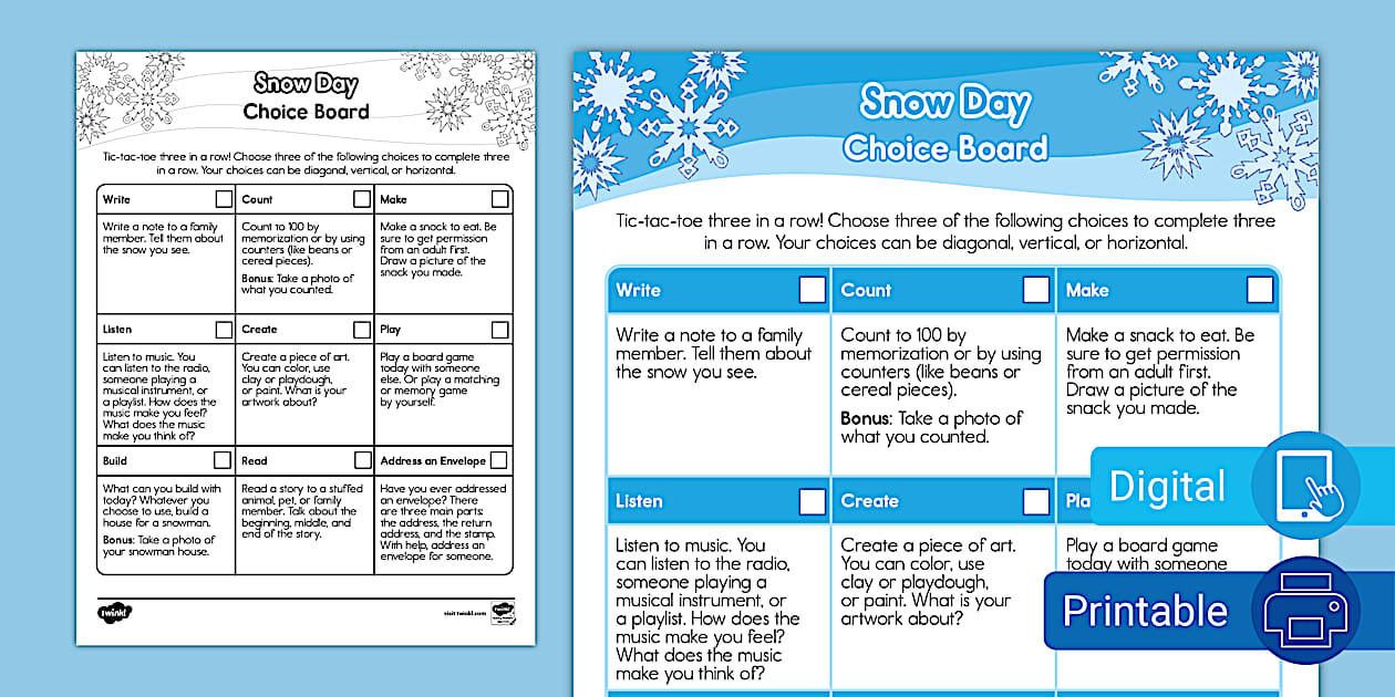 Snow Day Fun Choice Board | K-2nd Grade | Twinkl USA