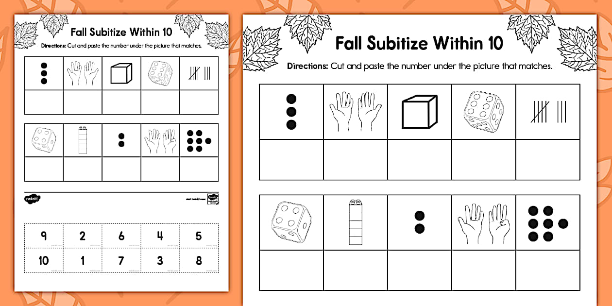 Fall Subitize Within 10 Cut and Paste Worksheet - Twinkl