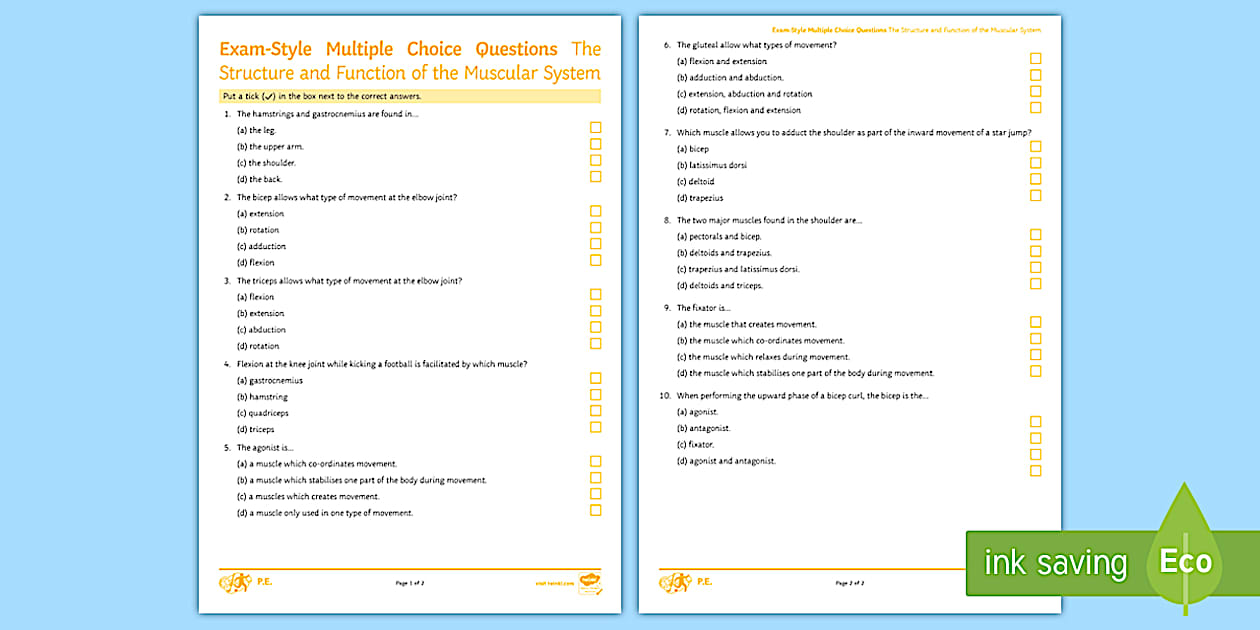 GCSE PE: Exam-Style Multiple Choice Questions Structure and Function of the