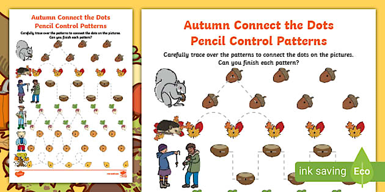 Autumn Connect the Dots Pencil Control Patterns Worksheet