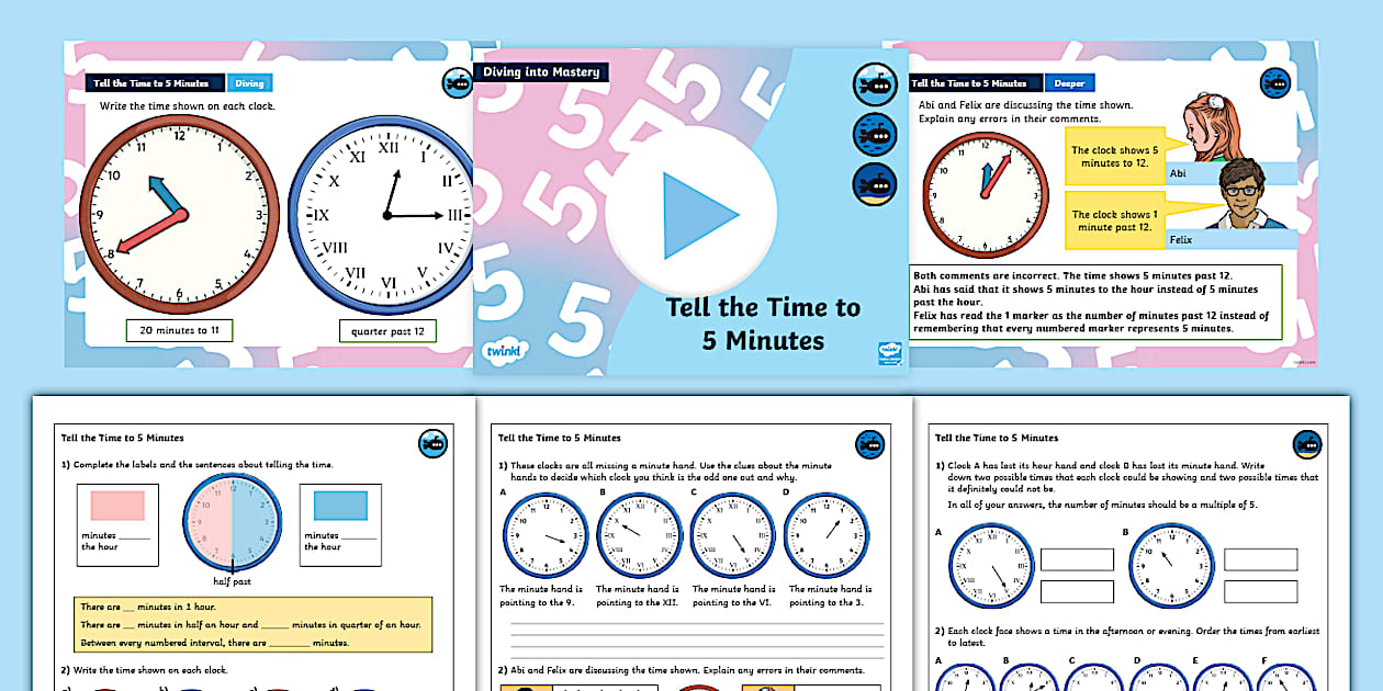 👉 Year 3 DiM: Step 2 Tell the Time to 5 Minutes Teaching Pack
