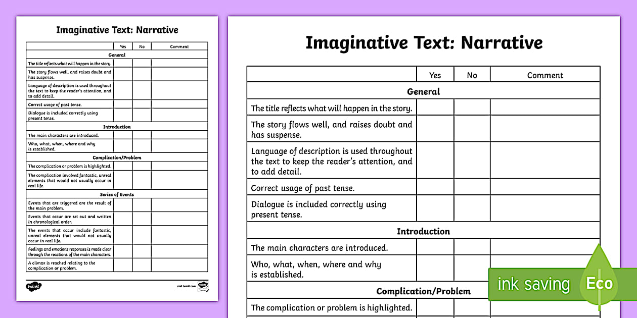 Imaginative Text: Narrative Assessment Checklist - Twinkl