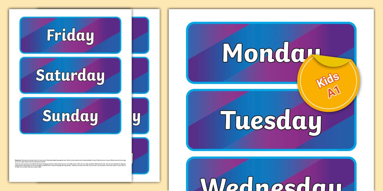 ESL Days of the Week Flashcards [Kids, A1] - Twinkl