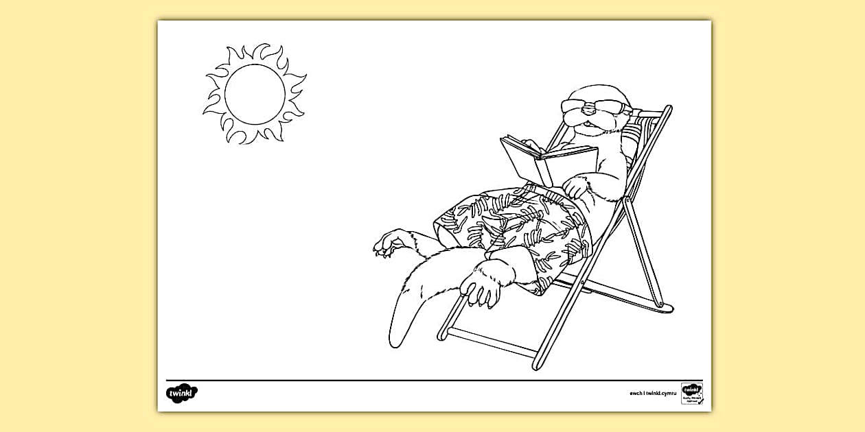 Taflen Liwio Dyfrgi yn Darllen ar y Traeth (Teacher-Made)