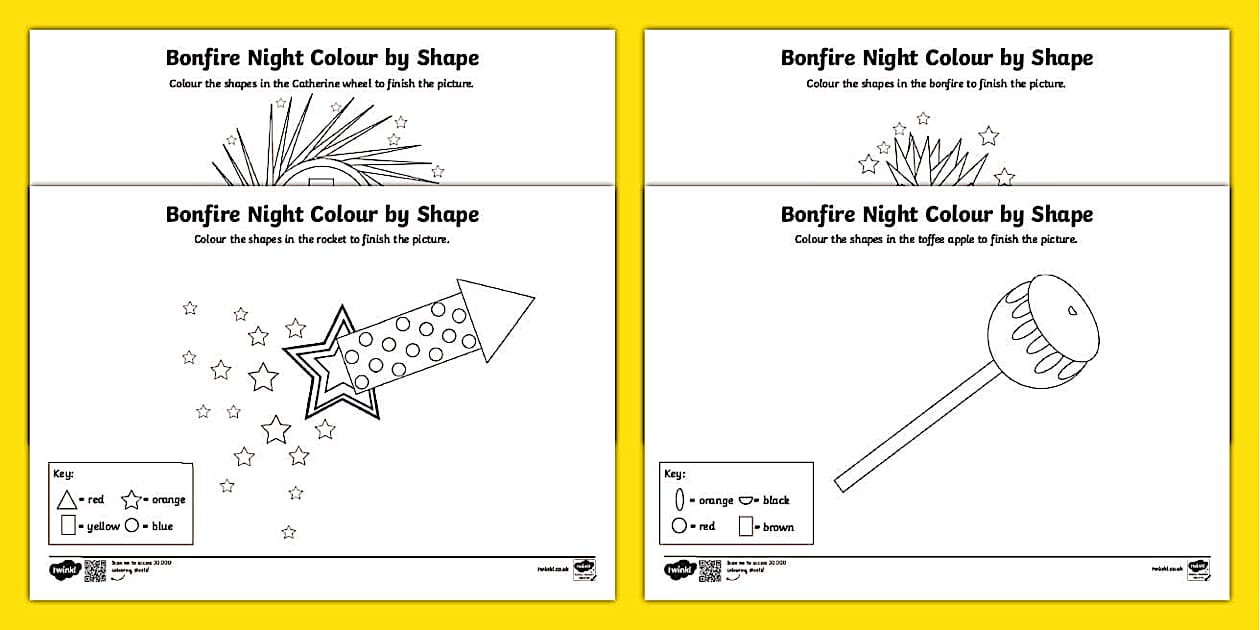 Bonfire Night Colour by 2D Shape Worksheet / Worksheets