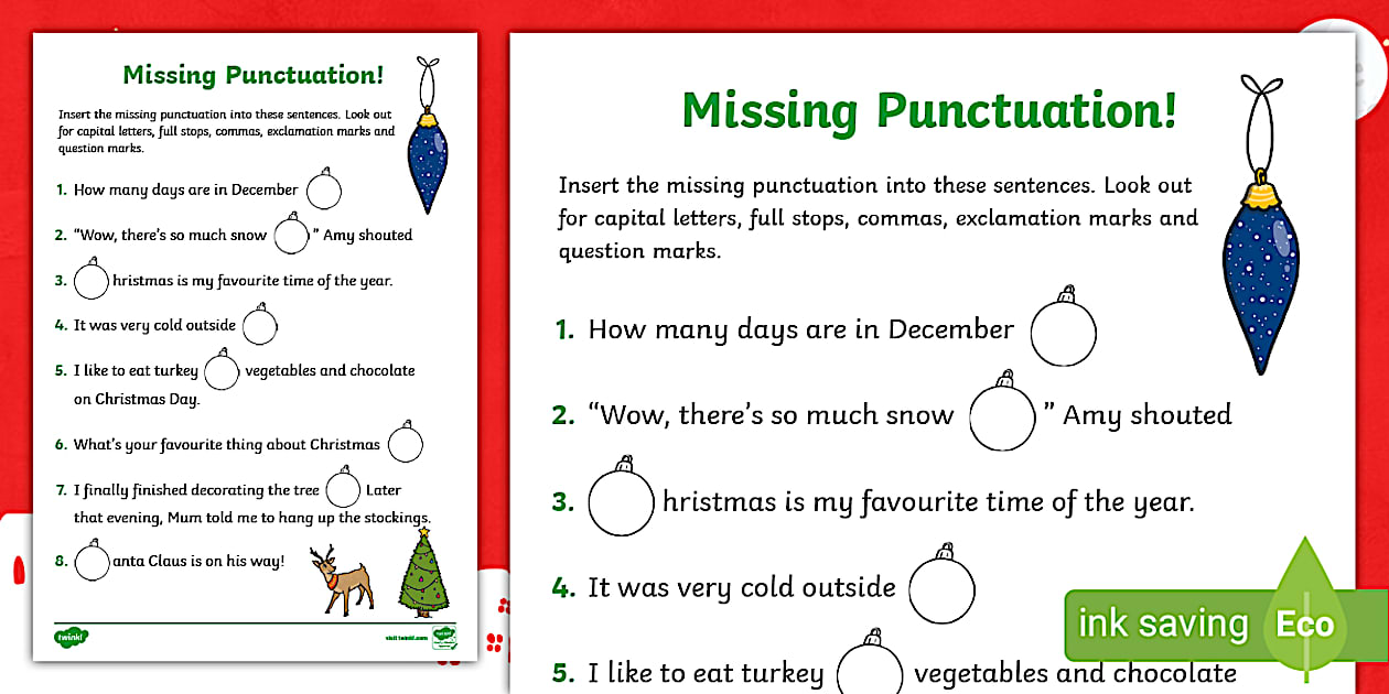 Missing Punctuation Christmas Worksheet (teacher made)