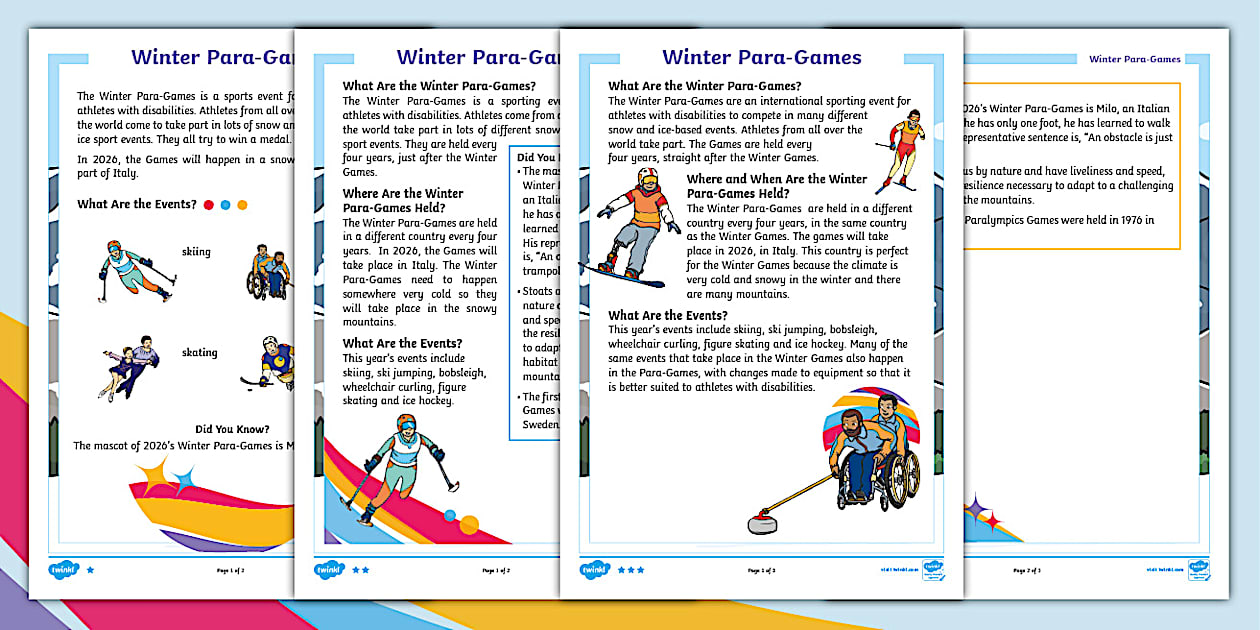 KS1 Paralympic Winter Games Differentiated Reading Comprehension Activity