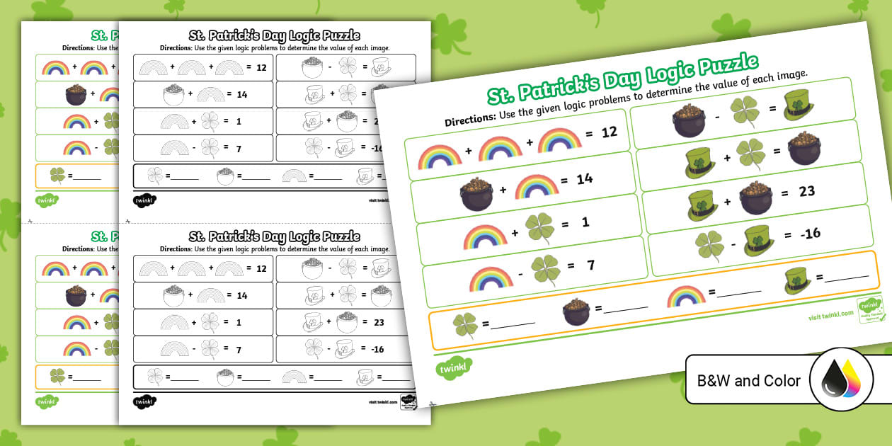 Algebra Critical Thinking St. Patrick's Day Logic Puzzle