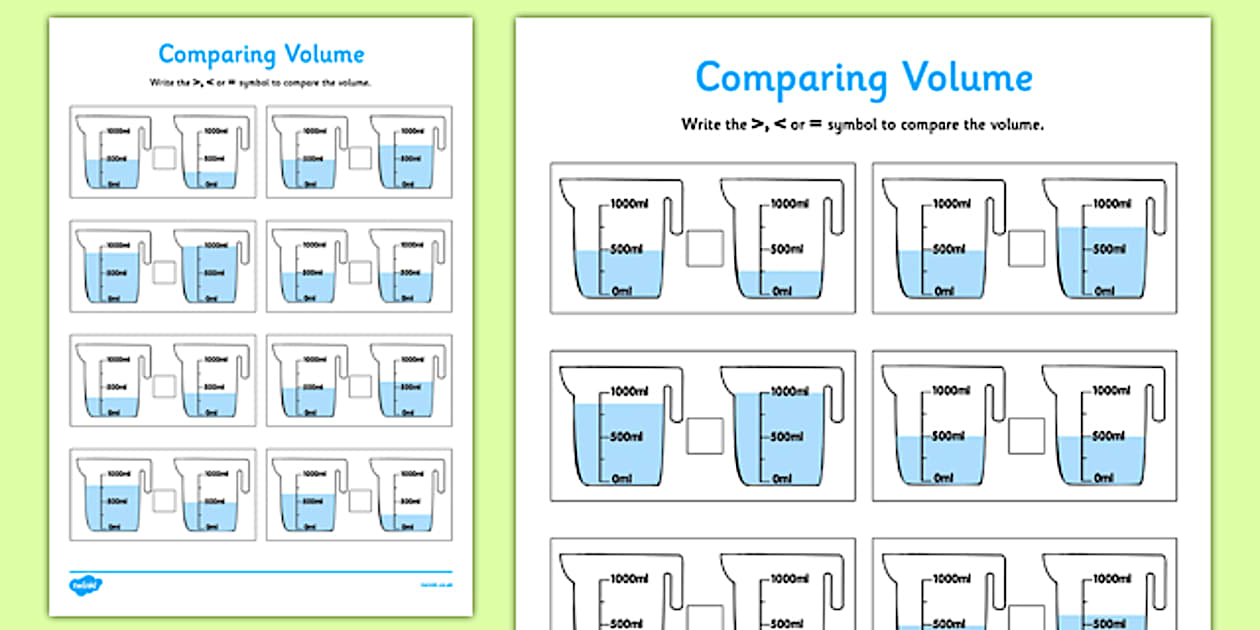 Comparing Volume Worksheet / Worksheet Pack - Twinkl