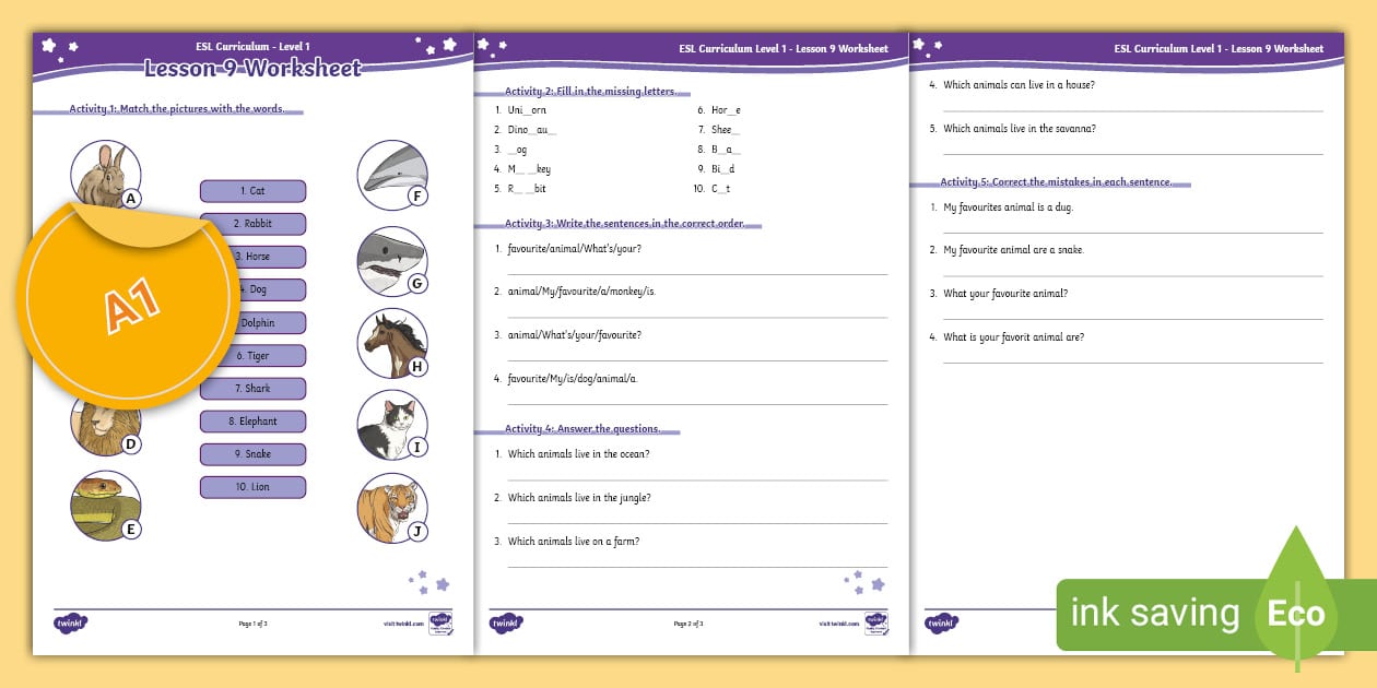 ESL Curriculum Level 1, Lesson 9 Worksheet - Twinkl