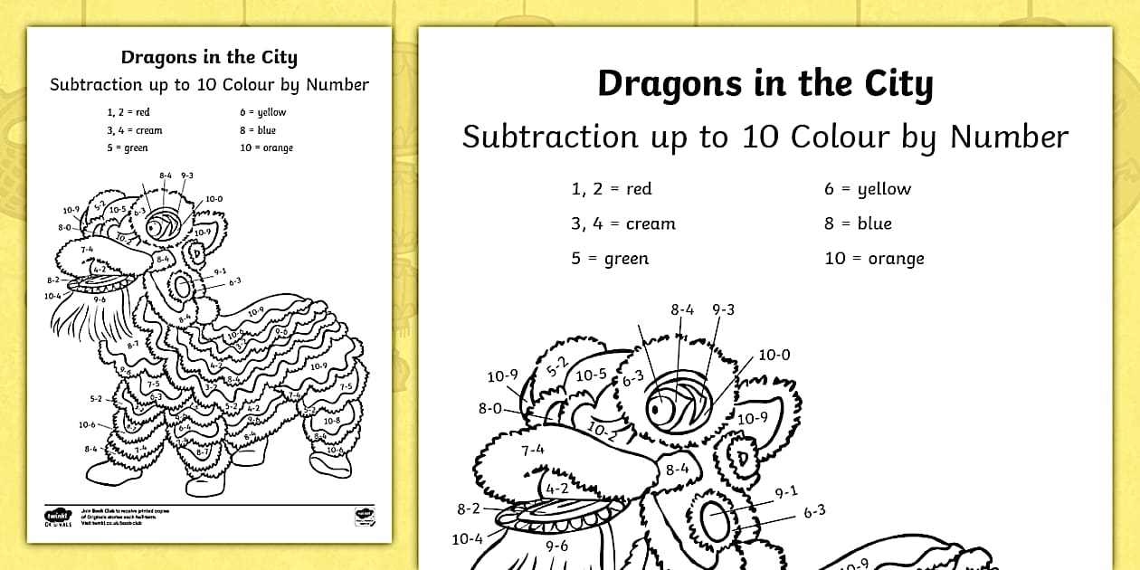 Dragons in the City Subtraction to 10 Color by Number