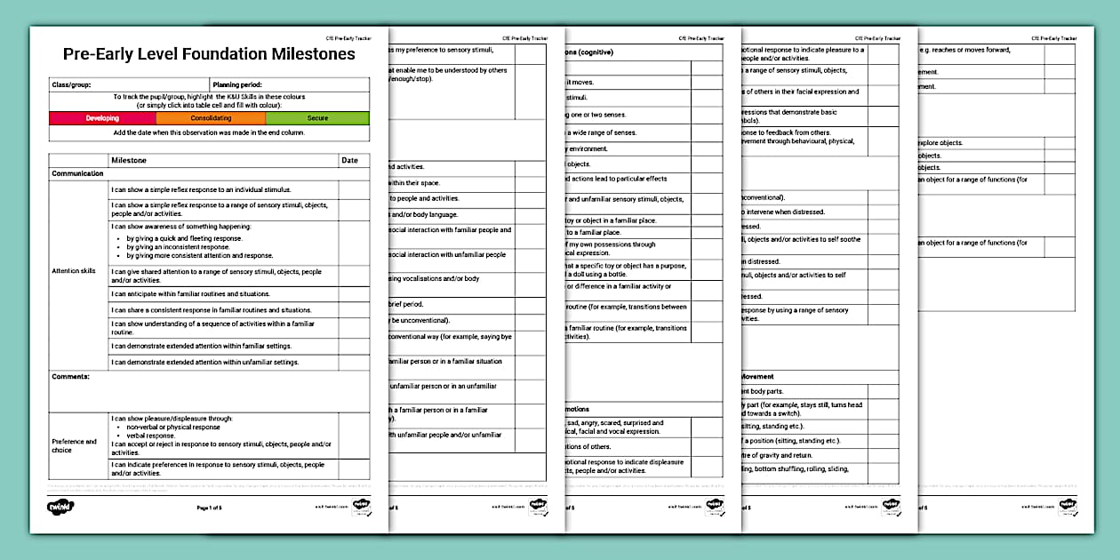 Foundation Milestones CfE Pre-Early Level Tracker - Twinkl