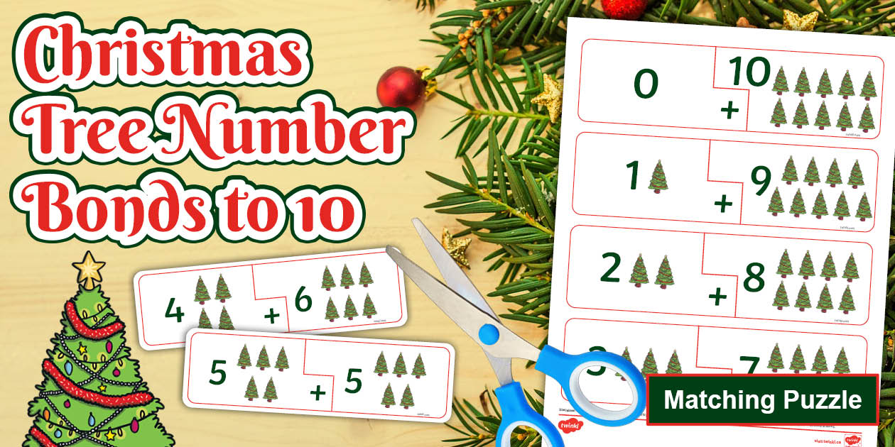 Christmas Tree Number Bonds to 10 Matching Puzzle