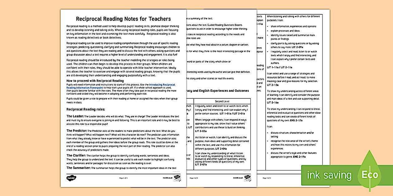 CfE Reciprocal Reading Notes for Teachers-Scottish - Twinkl