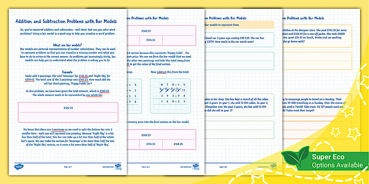 Addition and Subtraction Problems with Bar Models (Ages 9 - 10)