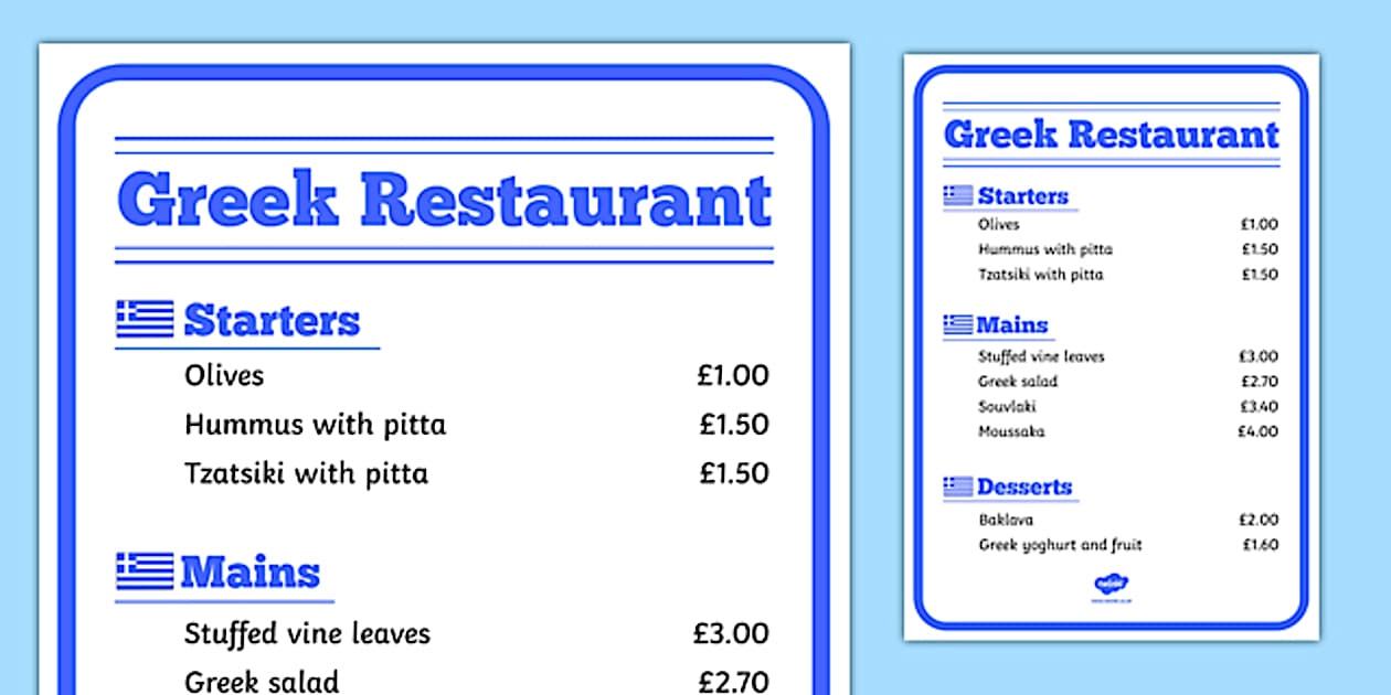Greek Restaurant Role Play Menu - ESL Restaurant Role Play