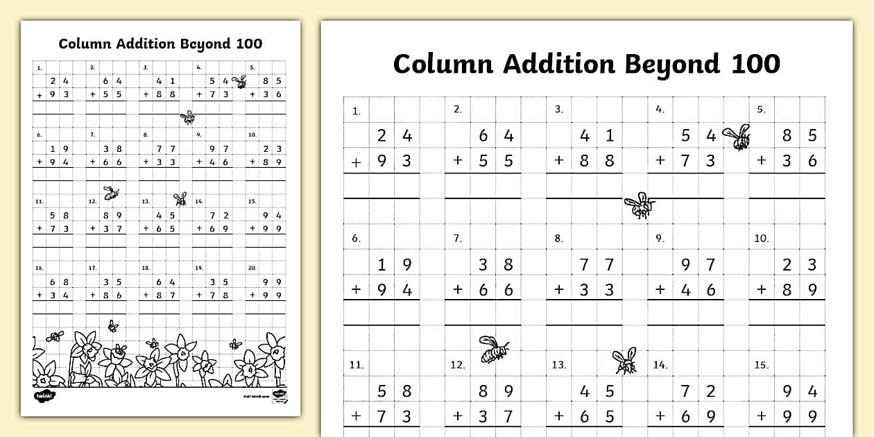 Spring-Themed 2-Digit Addition Beyond 100 on Squared Paper