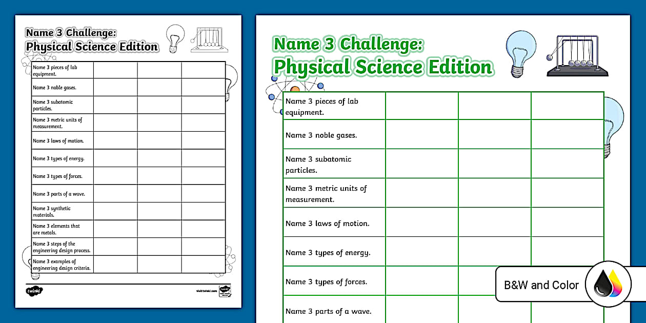 Sixth Grade Physical Science Name 3 Challenge Worksheet