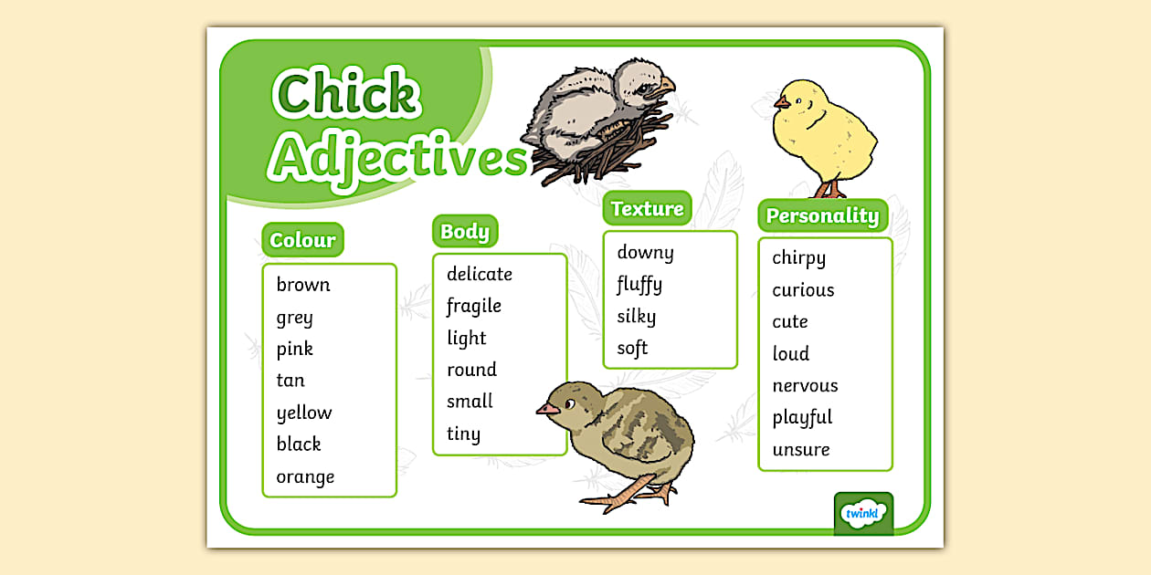 Chick Adjectives Word Mat - KS1 - Writing - Twinkl