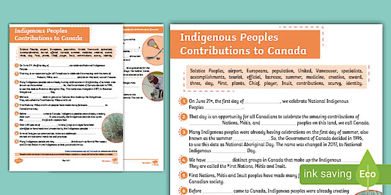 Indigenous People Cloze Activity - Contributions to Canada