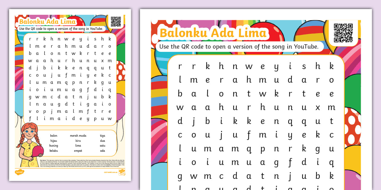 Indonesian Song Balonku Ada Lima Word Search (teacher made)