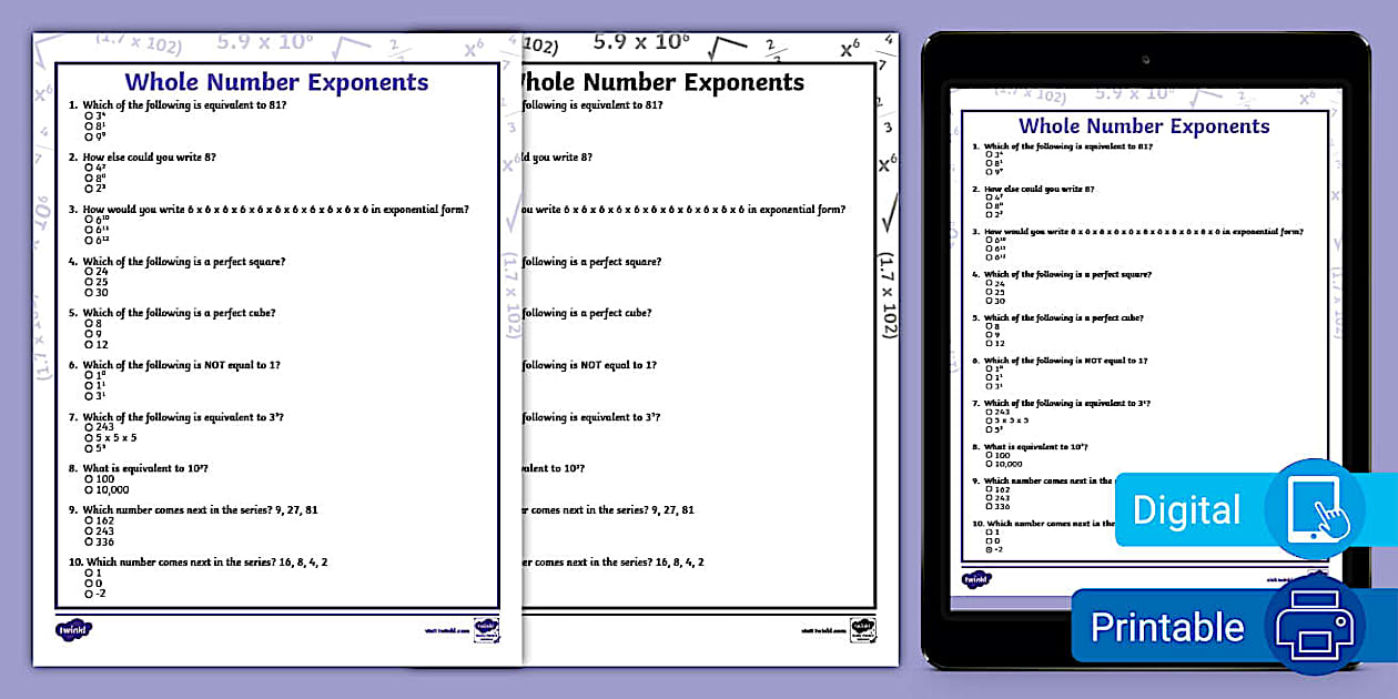 Sixth Grade Whole Number Exponents Quiz (teacher made)