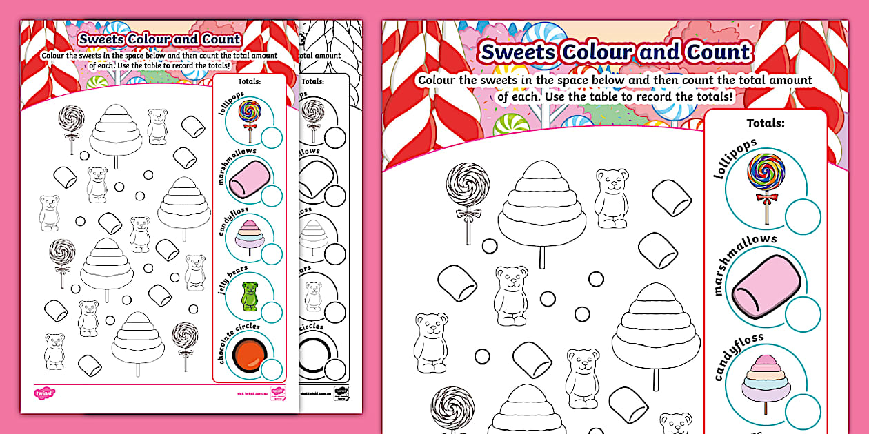 Sweets Colour and Count Worksheet (Teacher-Made) - Twinkl