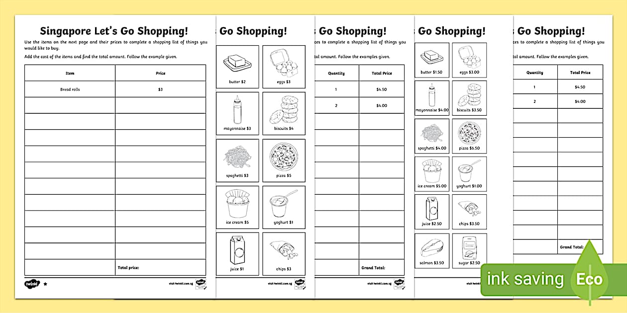 *Singapore Shopping List Differentiated Worksheets* - Twinkl