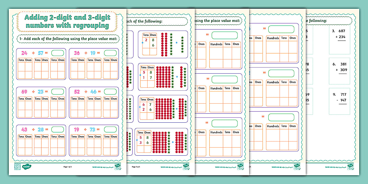 Adding 2-digit and 3-digit numbers with regrouping worksheet