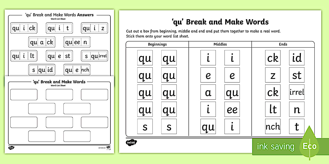 SA 'qu' Sound Break and Make Worksheet - Twinkl