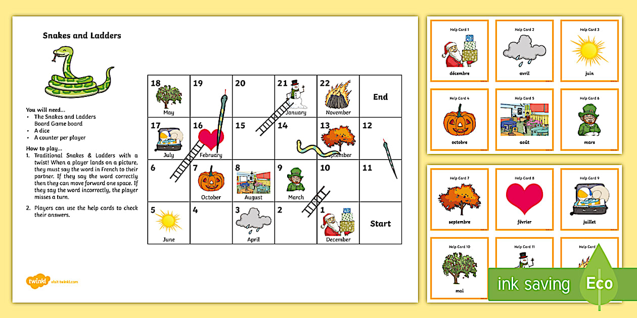Editable Months of the Year Snakes and Ladders French
