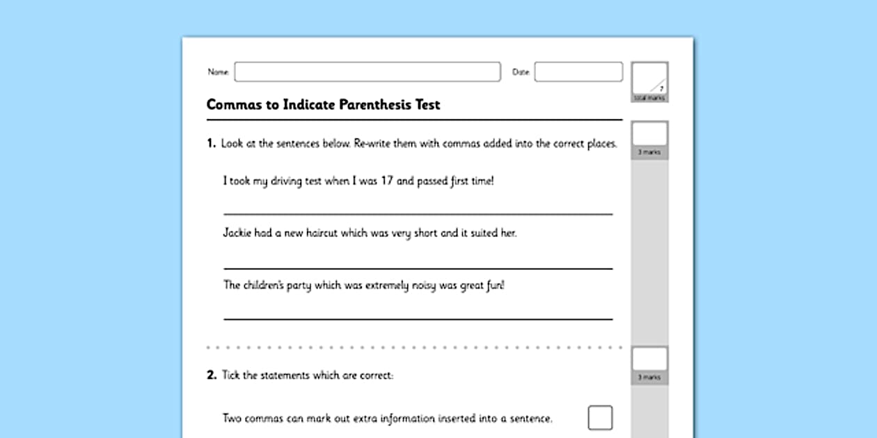 Commas to Indicate Parenthesis Test (teacher made) - Twinkl