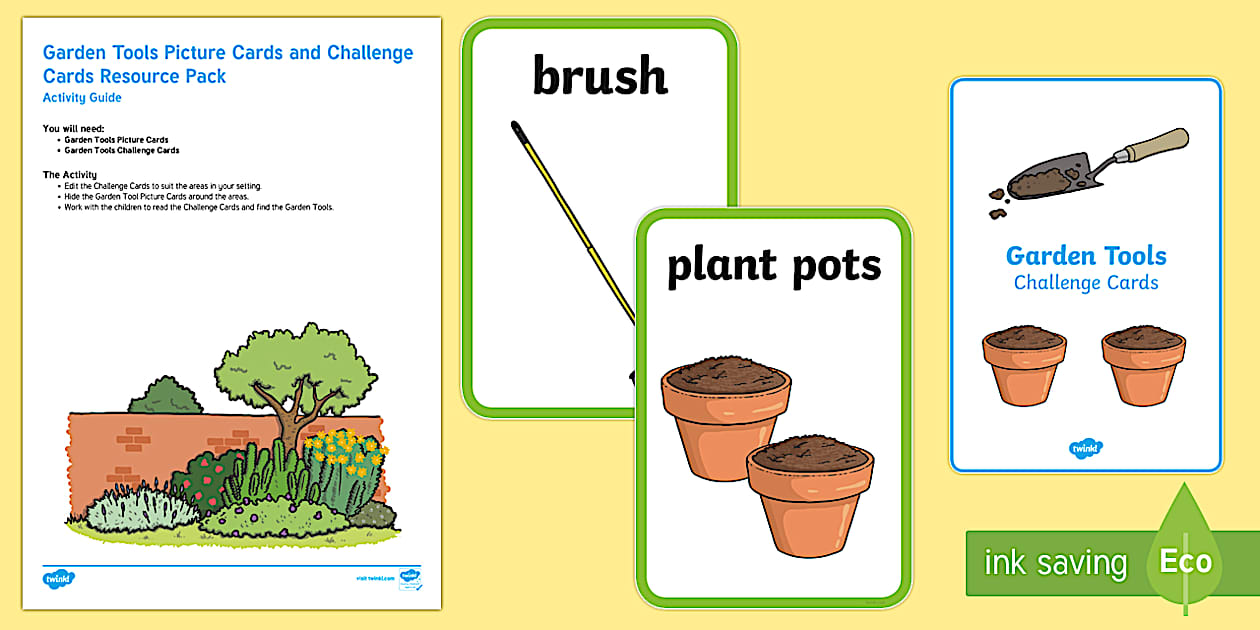 Garden Tools Picture Cards and Challenge Cards EYFS Resource Pack