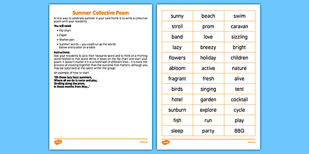 Black and White Care Home Summer Collective Poem - Twinkl