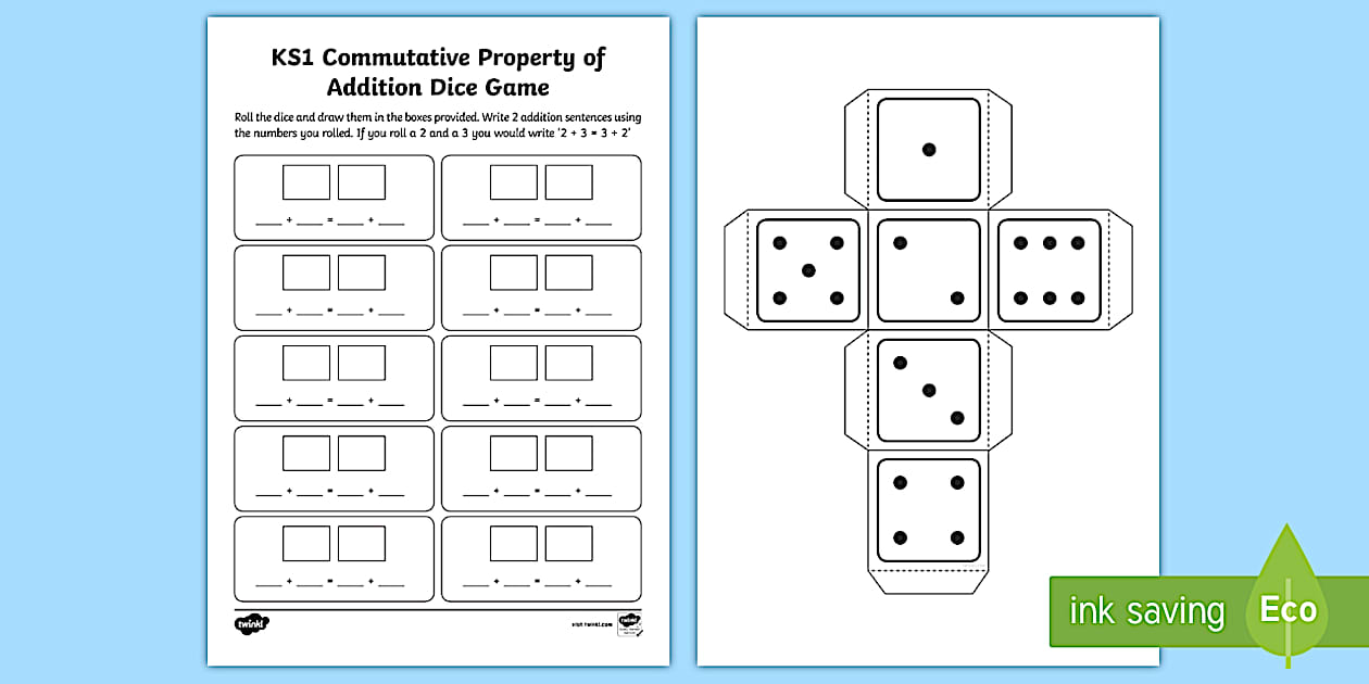 KS1 Commutative Property of Addition Dice Game - Twinkl