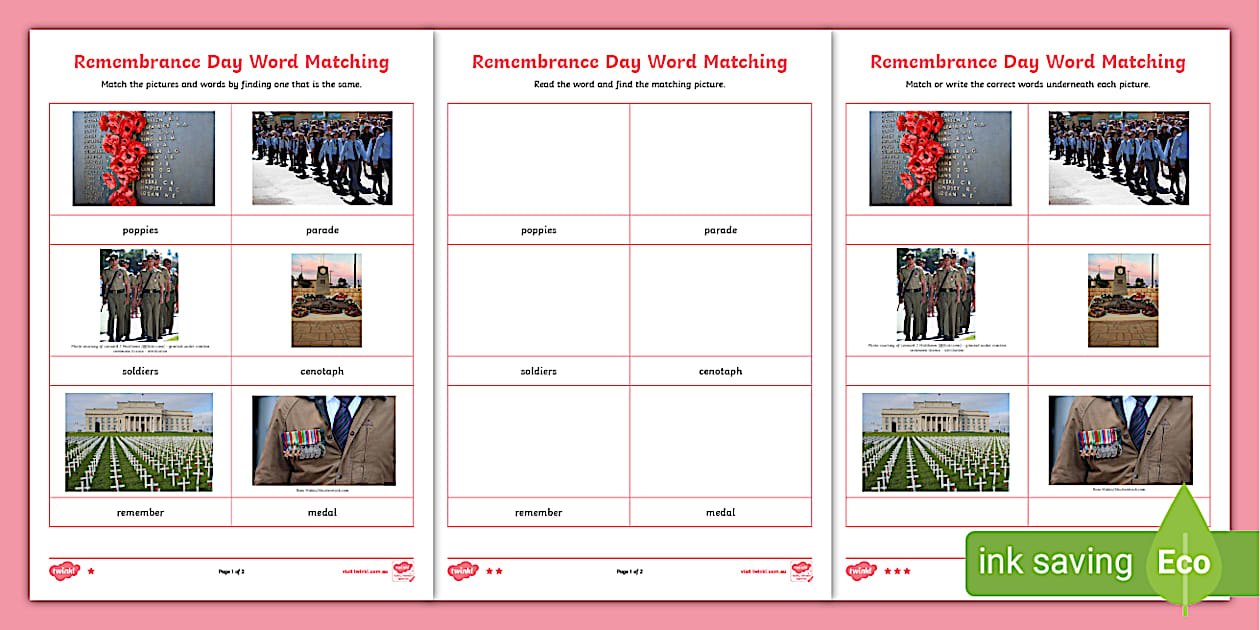 Remembrance Day Word and Picture Match (teacher made)